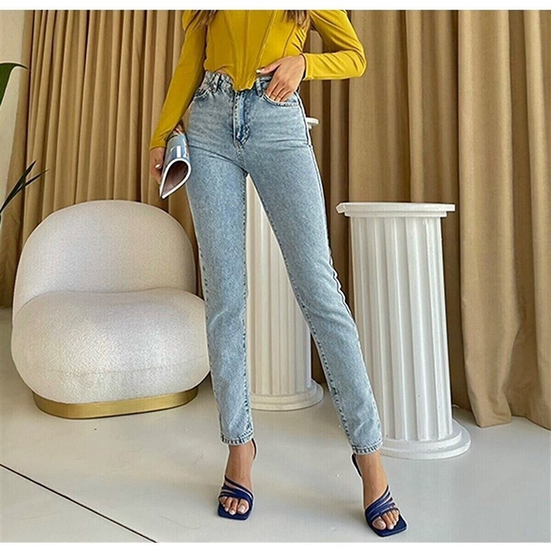 MAKRAS EXCLUSIVE Mom Jeans Lycra High Waist Blue Snow Washed Mom Jeans ...
