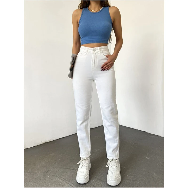 MAKRAS EXCLUSIVE Biele Mom Jean s vysokým pásom – dámske rifle zo 100 % ...